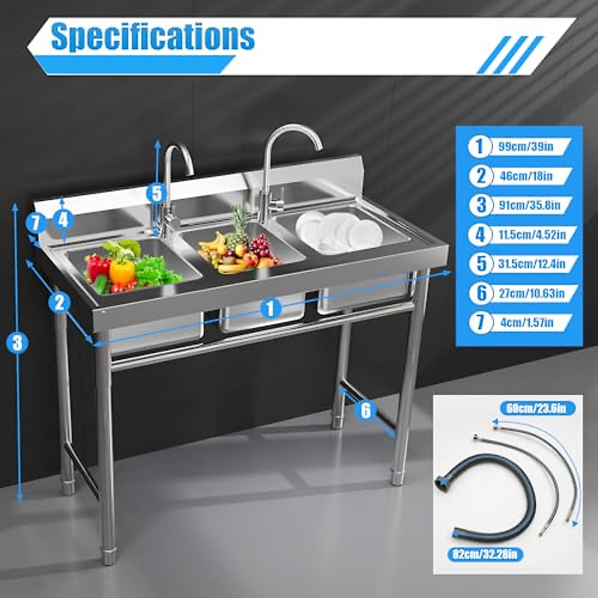 3 Compartment Commercial Utility Sink, 304 Stainless Steel Laundry Tub Culinary Sink, Freestanding Prep & Utility Washing Sink with 2 Faucets, Restaurant Sink Station for Outdoor Indoor