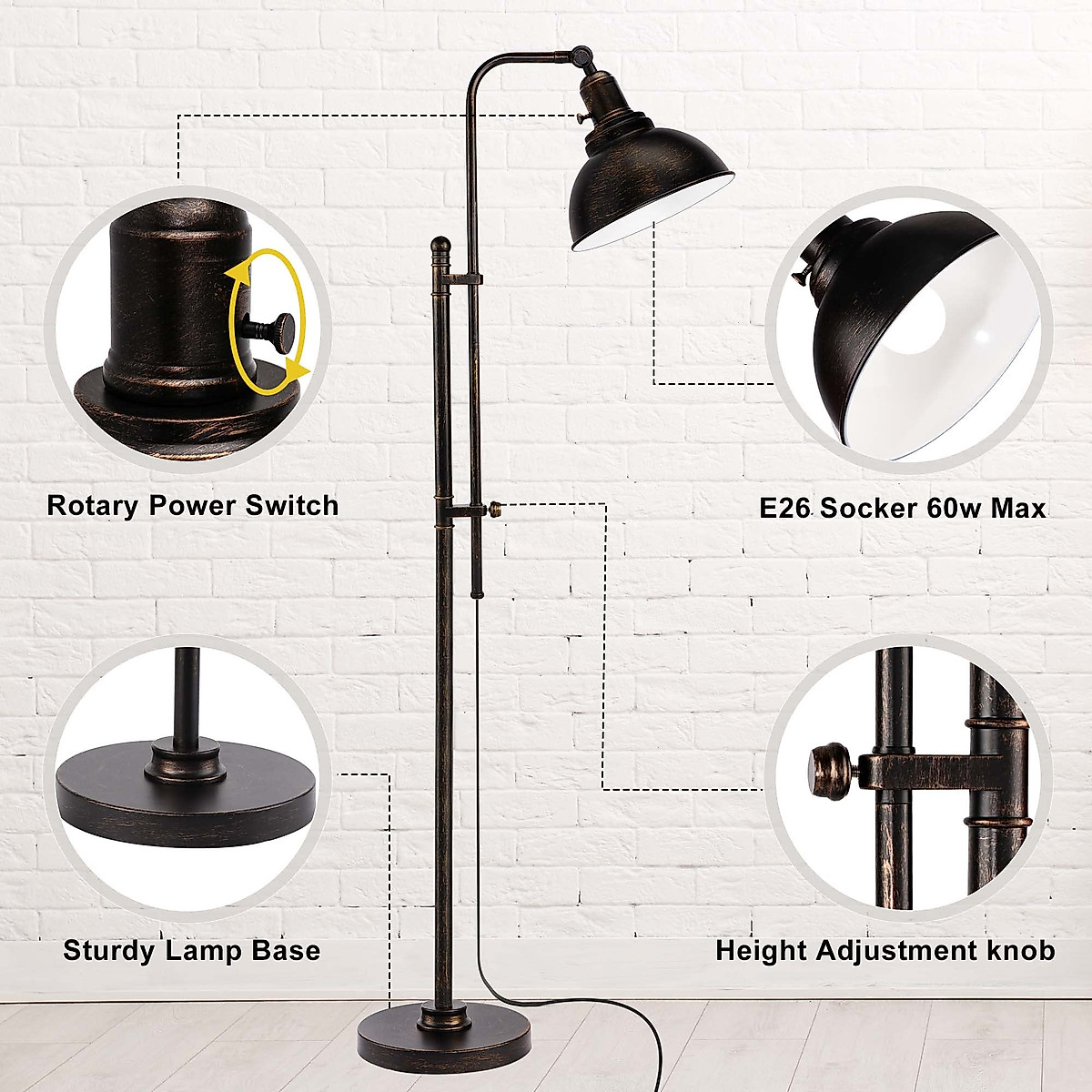 PARTPHONER Industrial Floor Lamp Adjustable, Rustic Farmhouse Reading Lamp in Aged Black Finish, Modern Standing Lamp with Remote Control Metal Shade for Living Room Bedroom Study Room Office Hotel