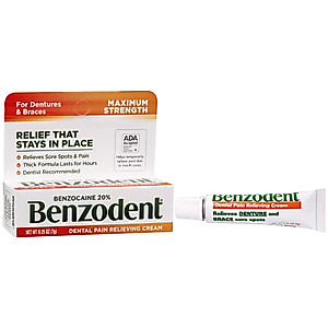 Benzodent Dental Pain Relieving Cream for Dentures and Braces, 0.25 oz tube (Pack of 3)