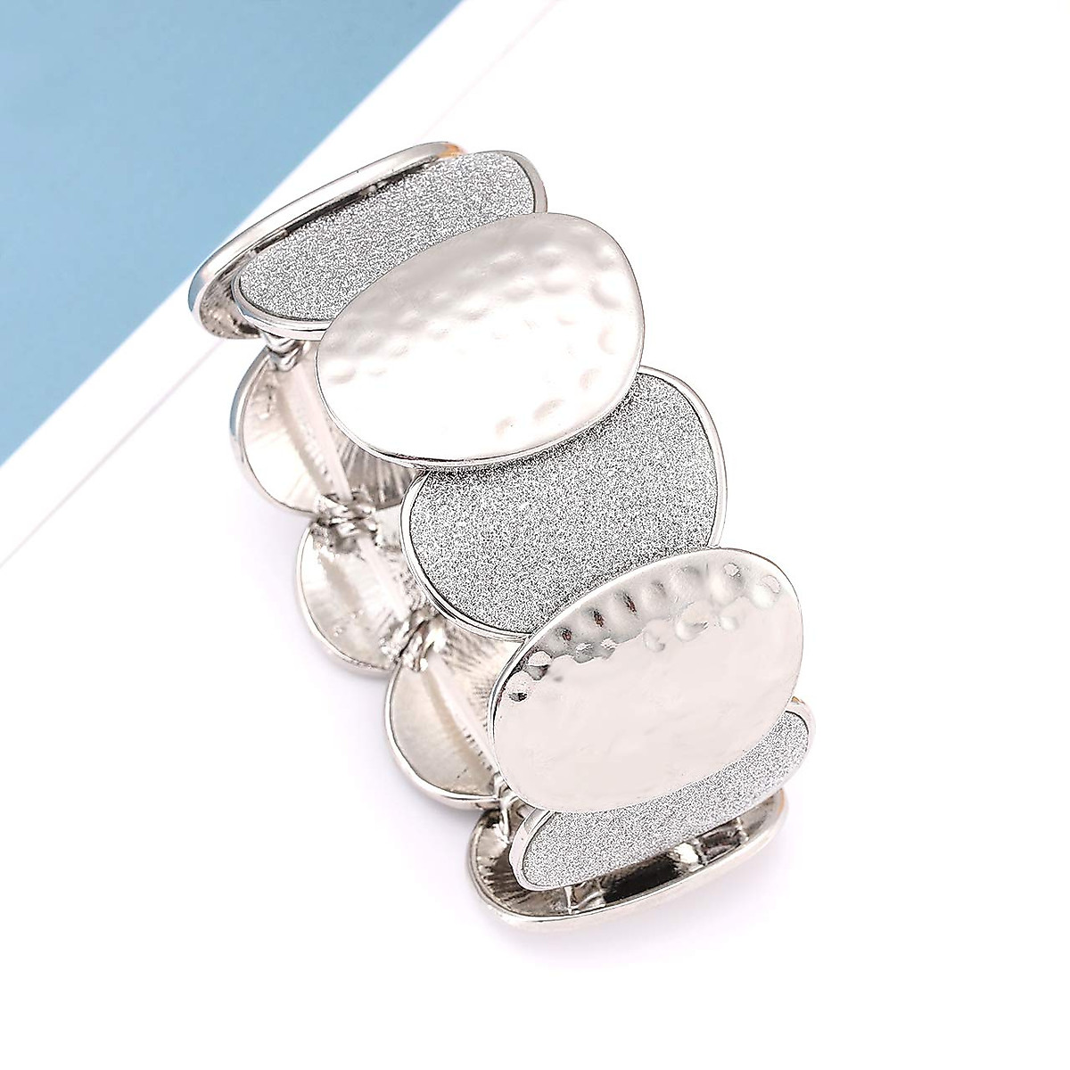 LENOOCLE Hammered Druzy Bracelet Silver Glitter Chunky Stretch Bracelet Statement Elastic Bracelet Bangle for Women Girls Christmas Jewelry Gifts(Silver)