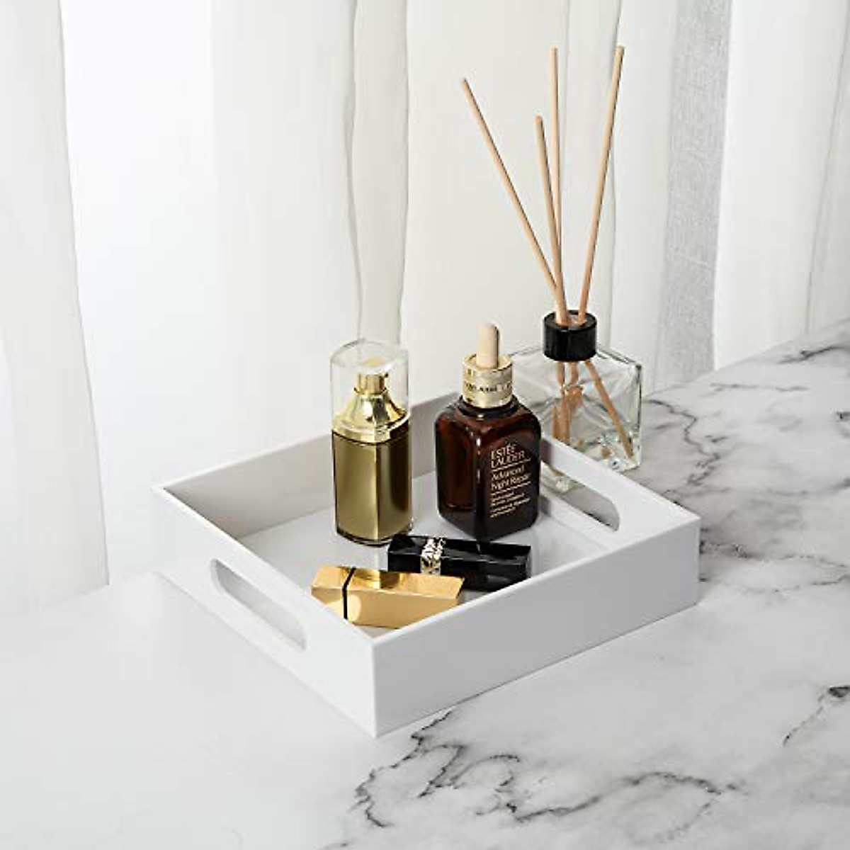 KEVLANG White Sturdy Acrylic Tray with Handles-8x8 Inch- Countertop Organizer Tray for Kitchen,Bathroom,Office- Storage Box for Cosmetics, Jewelry,Toiletries,Toy,Gadgets
