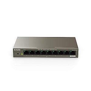 Tenda PoE Switch, 9 Porte 10/100 Mbps, 8 PoE Porte, 63W, IEEE 802.3af/at, Nessuna Configurazione Necessaria, Protezione Antifulmine Professionale,Cassa in Metallo TEF1109P-8-63W