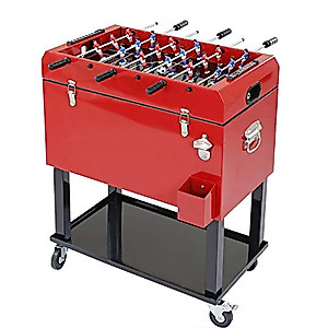 68 Quart Patio Cooler Ice Chest with Foosball Table Top, 17 Gallon/ 65L Outdoor Rolling Beverage Cart, Red Portable Patio Party Bar Cold Drink Rolling Cart on Wheels with Tray Shelf