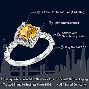 Gem Stone King 925 Sterling Silver Yellow Citrine and Moissanite Solitaire Ring For Women (1.74 Cttw, Cushion Cut 7MM, Gemstone, Available in Size 5, 6, 7, 8, 9)