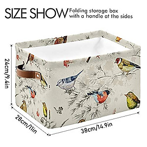 HMZXZ Retro Spring Summer Birds Canvas Fabric Storage Basket Collapsible Toys Storage Bin with PU Leather Handles Basket Box Organizer for Wardrobe Closet Shelves Organiser