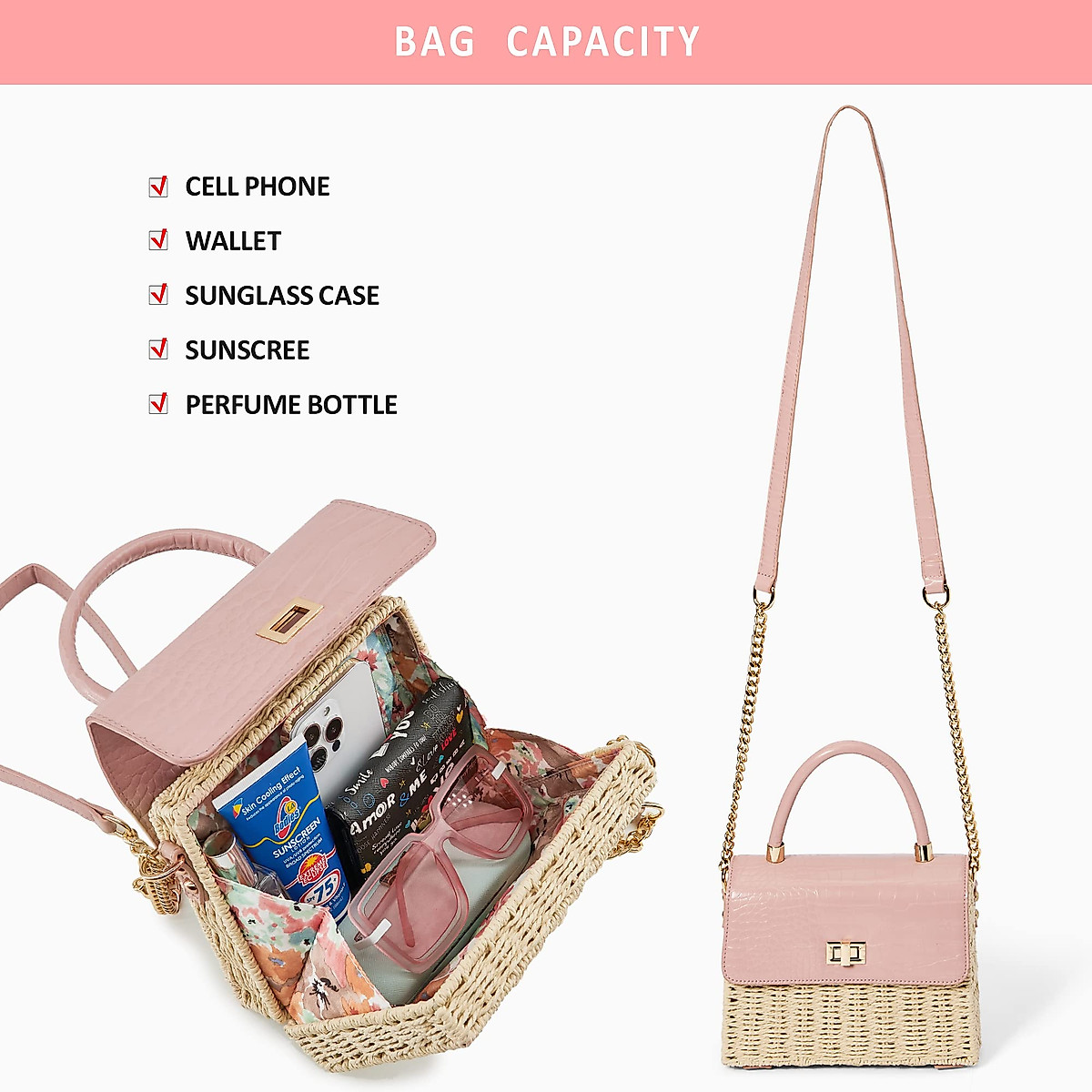 Like Dreams Women Hand-woven Straw Crossbody Faux Croc Vegan Leather Upper Floral Inner Summer Crossbody (Blush)