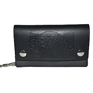 Leatherboss Genuine Leather Men Trifold Eagle Biker Chain Wallet Credit Card Holder for Motorcycle Bikers Truckers
