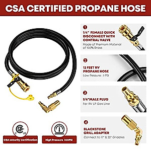 PatioGem 7 FT Quick Connect Propane Hose for RV to Grill, Propane Hose Adapter with 1/4" Shutoff Valve and 1/4" Male Full Flow Plug, LP RV Hose with Elbow Adapter for 17" and 22" Blackstone Griddles