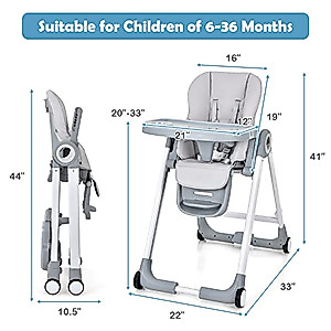 BABY JOY Baby High Chair, Folding Highchair w/ 4 Wheels, One-Step Brake, Removable Double Trays, Detachable PU, Flip-up Armrests, Adjustable Height, Backrest & Footrest for Infants & Toddlers (Gray)