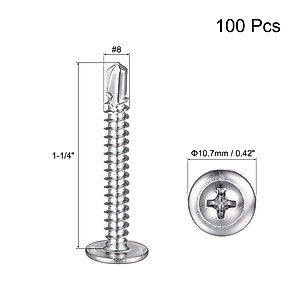 uxcell Phillips Head Self Tapping Screws, 8 x 1-1/4" 410 Stainless Steel Self Drilling Sheet Metal Screw 100pcs