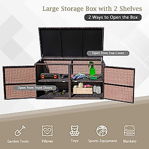 Tangkula Outdoor Wicker Storage Box, Garden Deck Bin with Steel Frame, Rattan Pool Storage Box with Lid, Ideal for Storing Tools, Accessories and Toys, 88 Gallon Capacity (Brown)