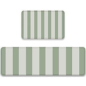 Sage Green Striped Kitchen Rug Set 2 Pieces Modern Comfort Standing Floor Mats Absorbent Washable Doormat Anti Fatigue Non-Slip Chef Sink Runner Rugs Soft Area Carpet For Bedroom Living Room