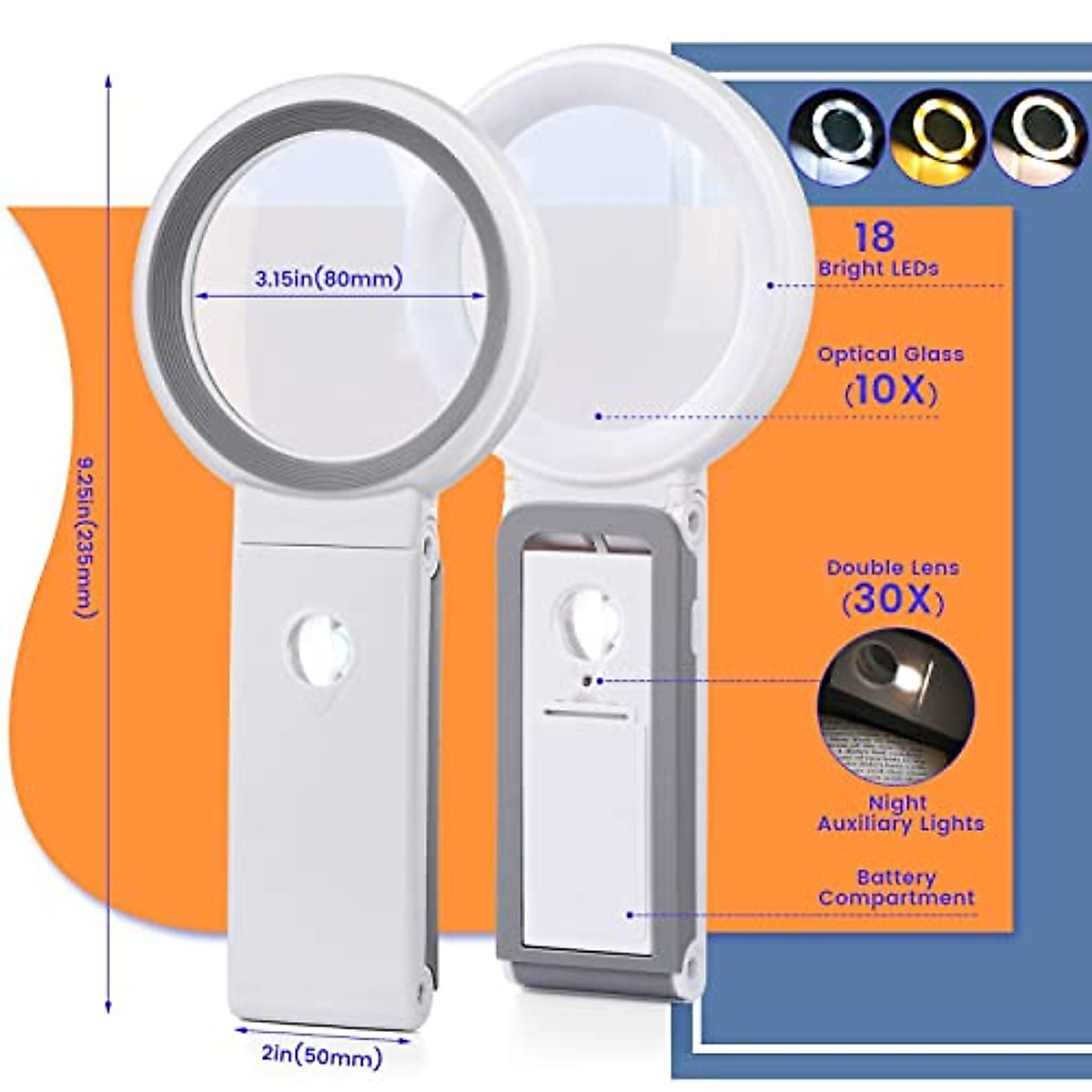AIXPI 30X 10X Magnifying Glass with Light and Stand, Large Lighted Magnifying Glass 18 LED Illuminated Handheld Magnifier Folding for Reading, Close Work, Coins, Jewelry, Macular Degeneration