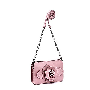 Mellow World Rosali 3D Floral Cell Phone Small Cross Body Shoulder Bag Vegan Patent Leather Women Purse Touch Screen Removable Strap, Mistyrose