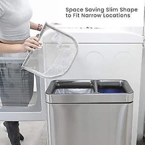 Home Zone Living 13 Gallon Kitchen Trash Can, Dual Removable Liners for Recycling and Trash, Wide Stainless Steel Shape, Open Top, No Lid Design (8 + 5 for 13 Gallon Total)