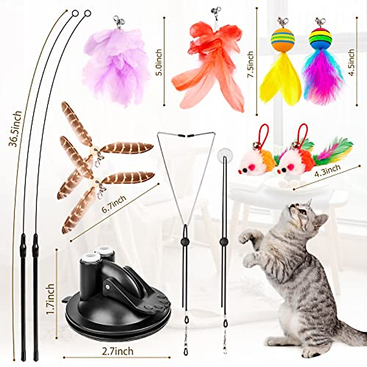 HOSFROLL Cat Toys Wand, Interactive Cat Toy with Super Suction Cup Sticky Detachable 12 PCS Feather Replacements 2 Wands Cat Spring Feather Toys for Indoor Cats Kitten Toys (8 Toys Double Headed)