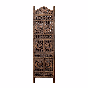 Hand Carved Sun and Moon Design Foldable 4 Panel Wooden Room Divider