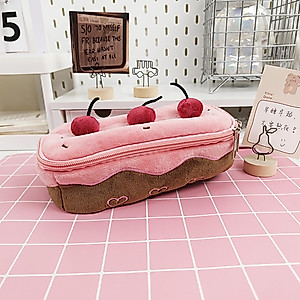 Pink Plush Cherry Cake Pen Bag, Cute Pencil Pouch Stationery Storage Box Kawaii Big Capacity Case Box Pen Holder Lead Pencil Organizer Supplies Pencil Case, Cosmetic Bag (Cherry pencil case)