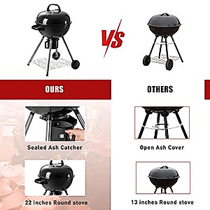 Devoko 22 Inch Charcoal Grill Premium Kettle Enamel Charcoal Grills with Adjustable Ash Catcher Plated Steel Grill Bakeware Clips Thermometer Wheels for BBQ Patio Garden Beach Outdoor Camping