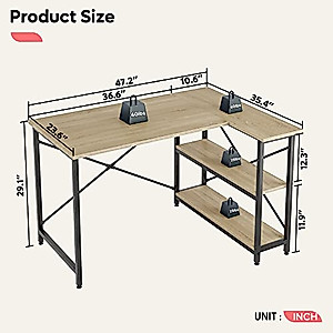Bestier Small L Shaped Desk 47 Inch Computer Corner Desk with Storage Shelf Reversible Home Office Writing Study Table for Bedroom Small Space, Light Oak