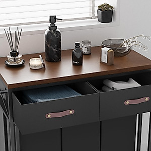 CJWD Rolling Laundry Basket Organizer on Wheels, Laundry Sorter Hamper 3 Section with Wheels Shelf and 2 Drawers, Rustic Brown and Black