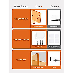 Weronique Floating Shelves Small Acrylic Shelf with 2 Installations Wall Mounted Thicker Display Shelves Set of 2 for Smart Speaker/Action Figures/Security Camera, with Cable Clips, Neon Orange