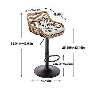 Kakotito Rattan Bar Stools, Adjustable Barstools with Linen Cushion, 360° Swivel Bar Stool with Low Back & Footrest, Classical Barstool Set of 2 for Kitchen and Bar (Brown)