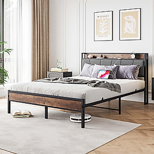 Shuoya Jewelry Queen Size Metal Platform Bed Frame with Storage and Charging Station Headboard, Heavy Duty Steel Slated Support, No Box Spring Needed, Noise-Free, Easy Assembly, Rustic Brown (Queen)