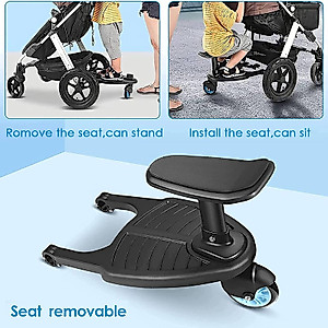Rhinoon 2 in 1 Stroller Board with Seat, Comfortable Wheeled Board Stroller Pedal, Universal Adjustable Buggy Board, Fits Most Strollers On The Market, Under 55 Pounds, Blue