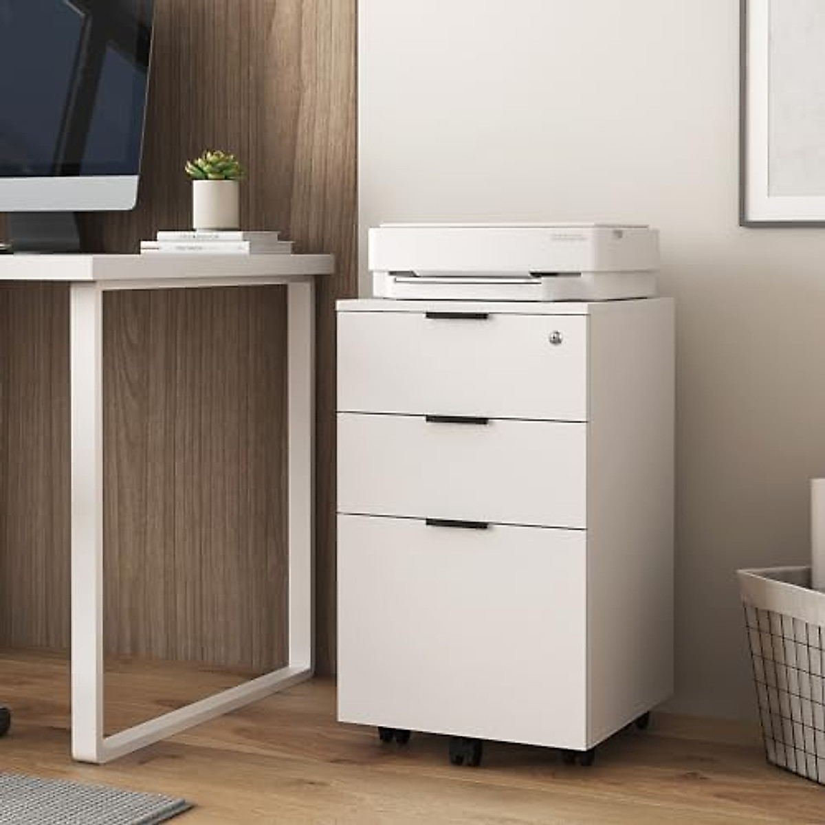 GOSROMS 3 Drawer File Cabinet with Lock & Charging Station, Wooden Move File Cabinet with Wheels, for Home Office, A4/Letter Size Files Under Desk - White