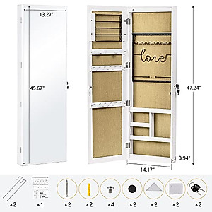 SZQINJI Jewelry Armoire Cabinet with Full-Length Mirror, Large Storage Jewelry Organizer, Wall/Door Mounted, Lockable, Pure White