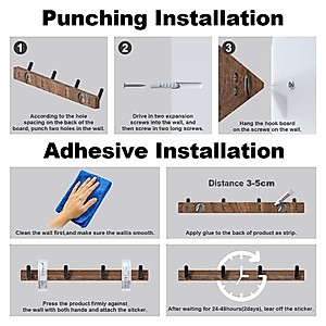 IURRDOP Black Walnut Wood Wall Mount Coat Rack with 4 Hooks, Adhesive Mounted Rustic Decorative Entryway Hooks, Mid Century Modern Natural Wooden Pegs for Hanging Coat Clothes Hat Bag Purse and Towel