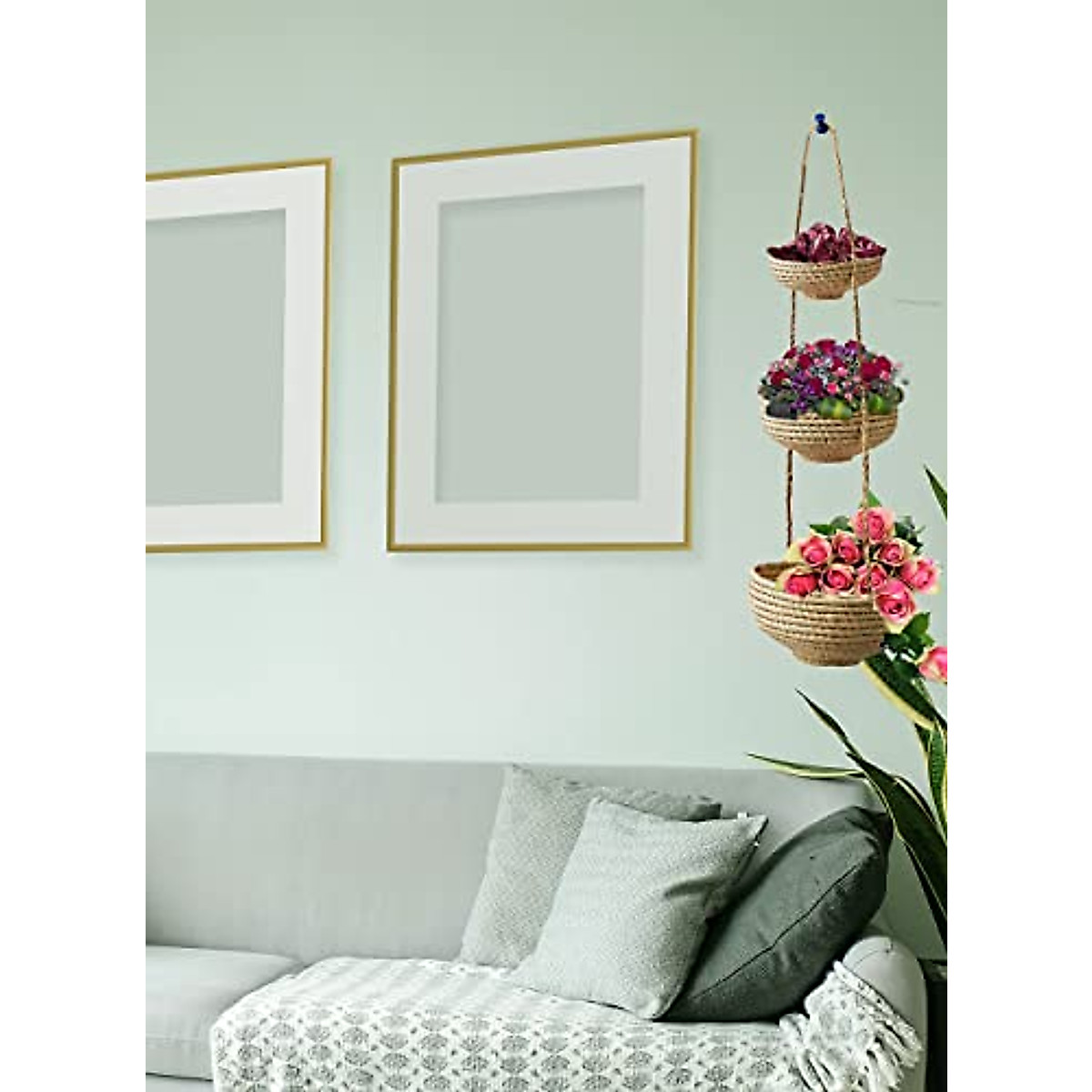 Serene Spaces Living Hanging Raffia Baskets for Your Kitchen – 3 Fair Trade Handmade Decorative Storage Baskets from Madagascar for Fruit and Vegetables