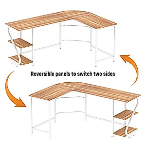 Weehom Reversible L Shaped Desk with Shelves Large Corner Computer Desks for Home Office Writing Workstation Wooden Desk Table, Walnut+White Leg