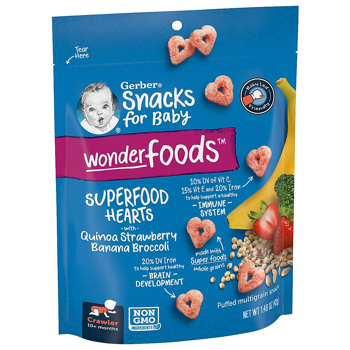 Gerber Snacks for Baby Wonder Foods SuperFood Hearts with Quinoa Strawberry Banana Broccoli, Puffed Multigrain Snack, Non-GMO Ingredients, Resealable Pouch 1.48 Ounce(Pack of 2)