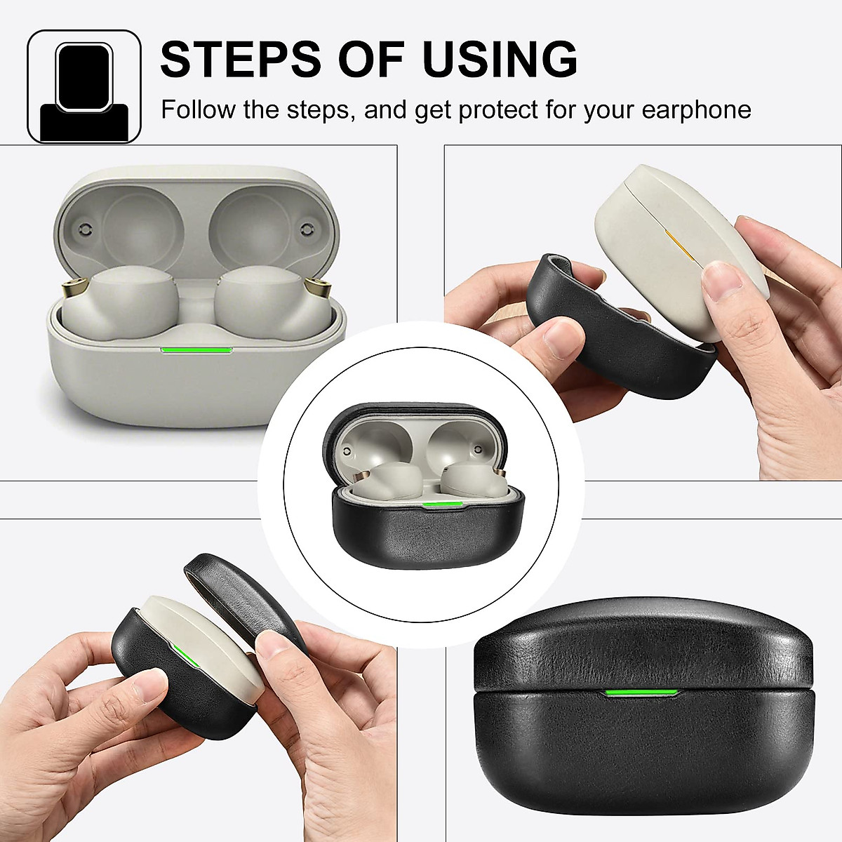 Case for Sony WF-1000XM4, ICARER Premium Genuine Leather Portable Shockproof Protective Case Cover for Sony WF-1000XM4 Earphones Charging Case (LED Visible) Support Wireless Charger (Black)