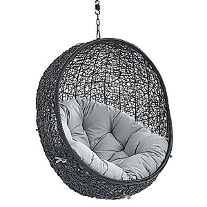 Modway EEI-3635-BLK-GRY Encase Wicker Rattan Outdoor Patio Swing Chair with Hanging Steel Chain in Black Gray