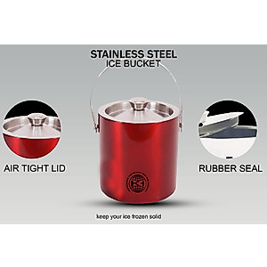 King International Stainless Steel Double Walled Insulated Red Ice Bucket with Lid & Handle, 1.75 LTR 84 Quarts, Ice Tong, Keeps Ice Cold for 6 Hours, Bar Tools for Home Bar Accessories, Mini Bar