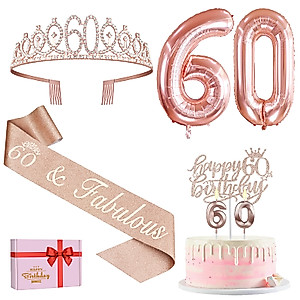 60th Birthday Decorations for Women, Include 60th Birthday Sash and Tiara, Cake Topper and Candles, Number Balloons, 60 Year Old Gifts Women