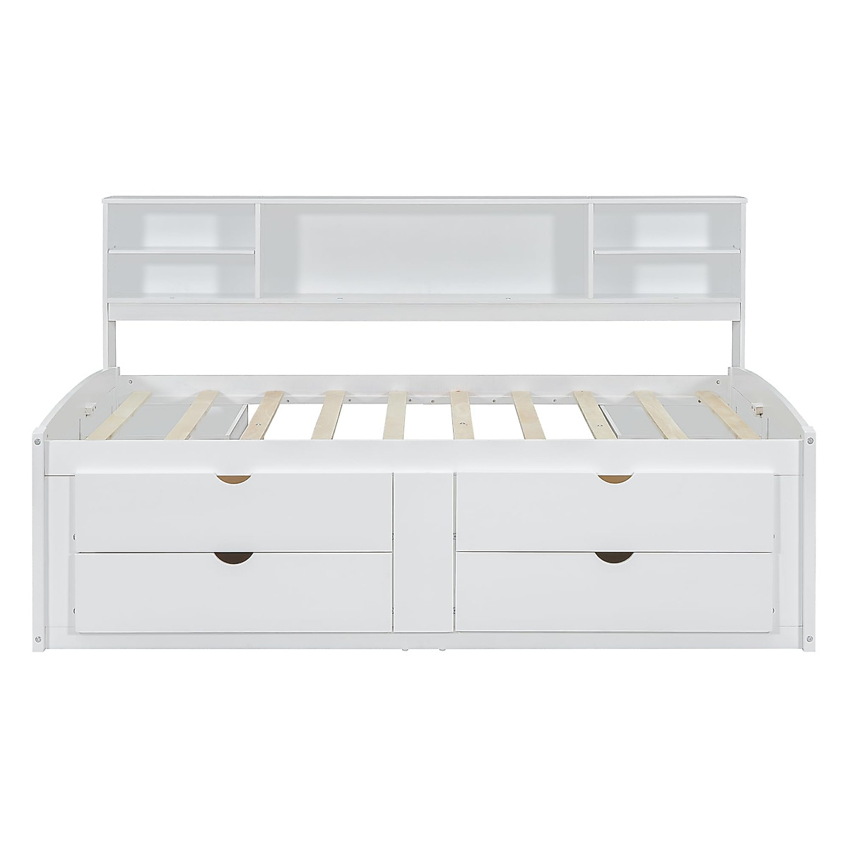 Merax Full Size Wood Daybed with 2 Bedside Cabinets, Upper Shelves and 4 Drawers, Full Daybed Sofa Bed for Living Room, Guest Room, White