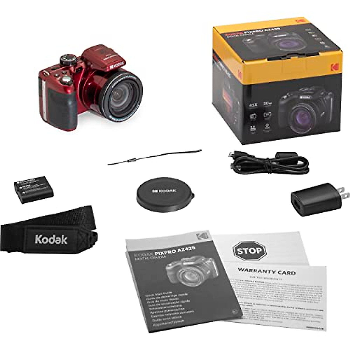Kodak PIXPRO AZ425 Digital Camera + 64GB Memory Card + Camera Case (Black) + USB Card Reader + Table Tripod + Accessories (Red)