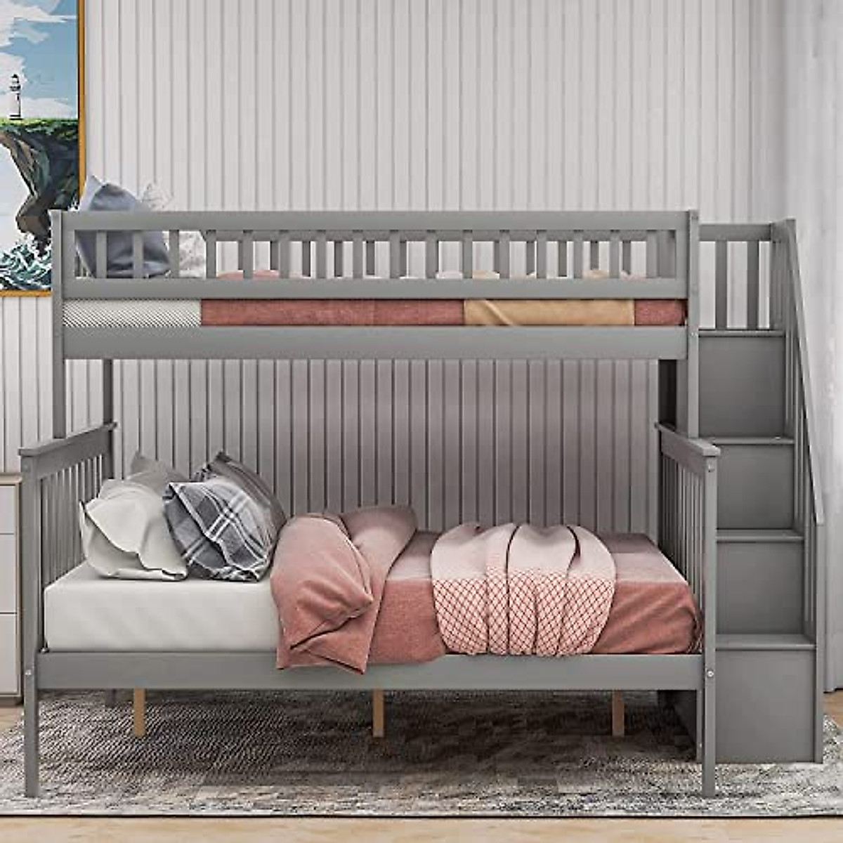 DNYN Stairway Twin-Over-Full Bunk Bed with Storage Shelves & Guardrail for Dorm,Kids Bedroom,Solid Pine Wood Bedframe,Space Saving Design & No Box Spring Needed, Grey