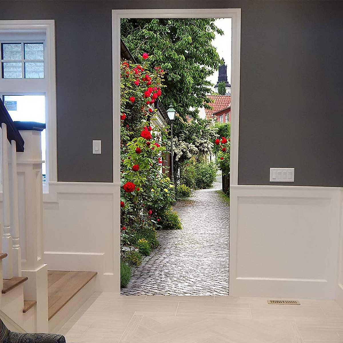 A.Monamour 3D Door Stickers for Interior Doors Blooming Flowers in Garden Patio Narrow Alley Botanical Theme Vinyl Waterproof Self Adhesive Door Mural Decals for Bedroom Office Bathroom 85 x 200 cm