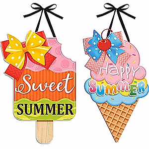 2 Pieces Ice Cream Sandbeach Hanging Sign Happy Summer Wood Sign Sweet Summer Wood Ornaments Summer Welcome Sign Door Wood Hanging Sign for Summer Holiday Party Home Door Wall Window Decor (Ice Cream)