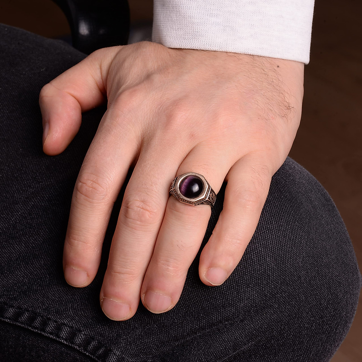Men's 925 Sterling Silver Handmade Ring with Natural Amethyst Gemstone - Byzantine Empire Design