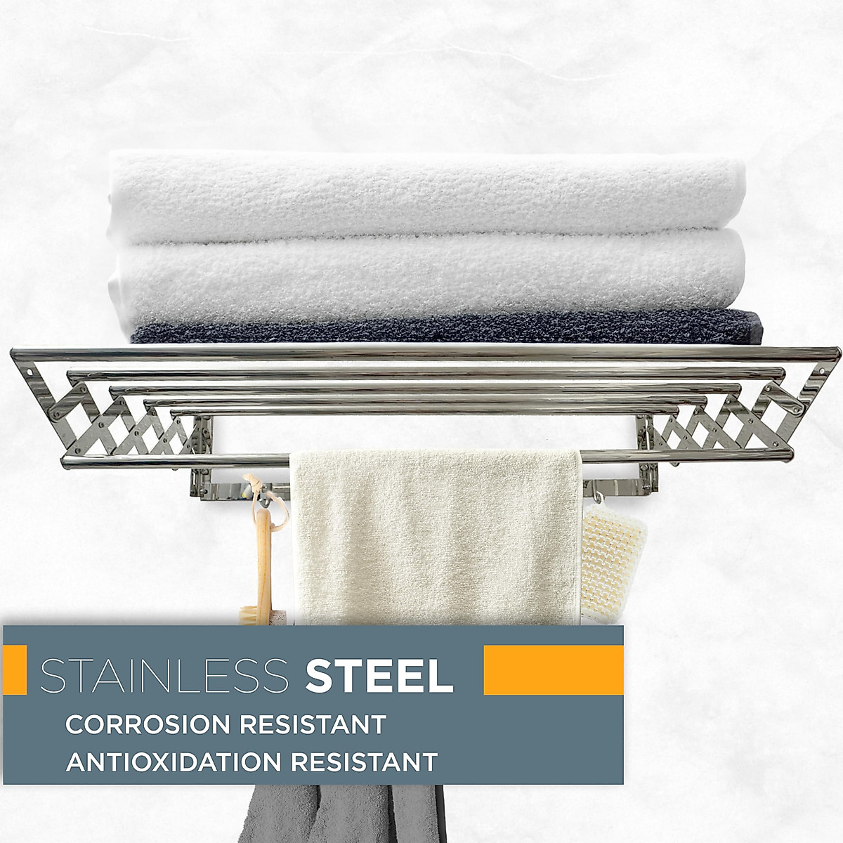 Extendable Towel Rack Wall Mounted for Bathroom or External Use, Stainless Steel with 6 Rods 5 Hooks, Durable, Heavy Duty, Resistance to Corrosion Oxidation Rust | Supports 60Lb