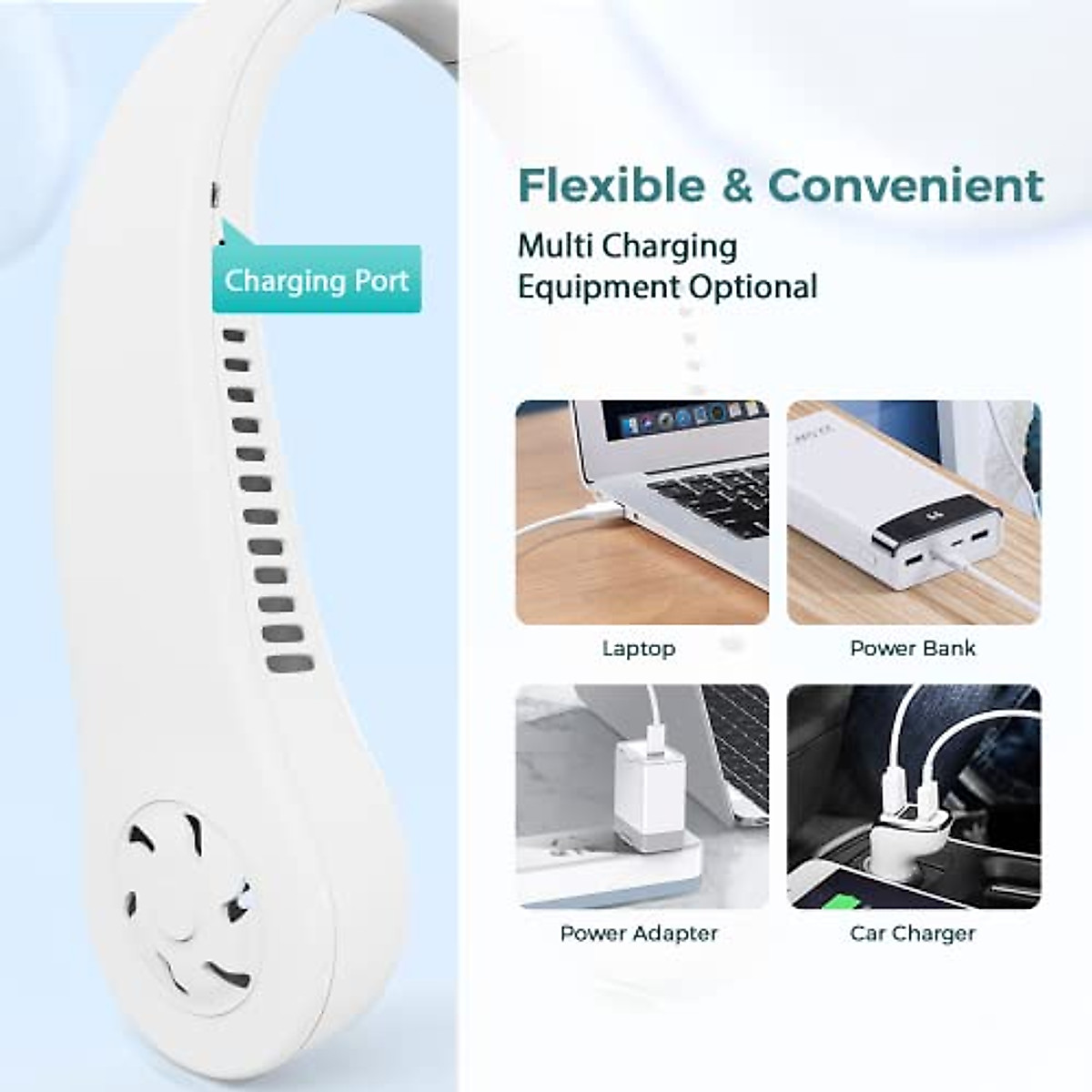 CindyLary White Portable Neck Fan, Personal Bladeless Wearable with Portable 360°Cooling Neck Fan，USB Rechargeable Mini Hanging Neck Fan for Outdoor Sports