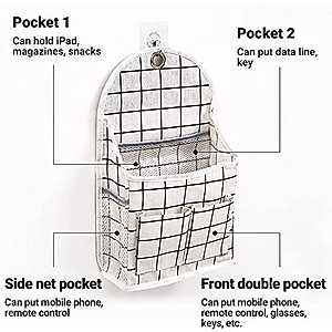 FYY Wall Hanging Storage Caddy Bag, Waterproof Over The Door Closet Organizer Basket with Hook Cotton Linen Storage Caddy Basket Pouch Bag for Bedroom Bathroom Living Room White