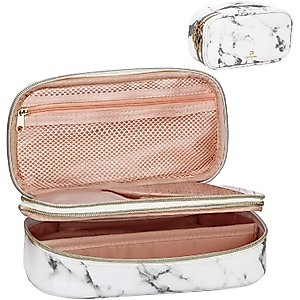 Relavel Makeup Case 2-Layer Cosmetic Brush Bag Marble Storage Travel Bag for Professional Makeup Brushes Storage Box (Marble White Pattern)