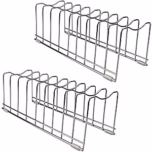 JORETLE Pot Lid Organizer, Pot and Pan Lid Holder Kitchen Pot Lid Rack, Best Organization Tool Suitable for Baking Pan, Cutting Board, Trays (2 PCS, 8 Silicone Foot Covers)